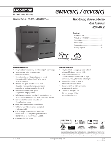 Goodman GCVC8 Gas Furnace Spec Sheet | Manualzz