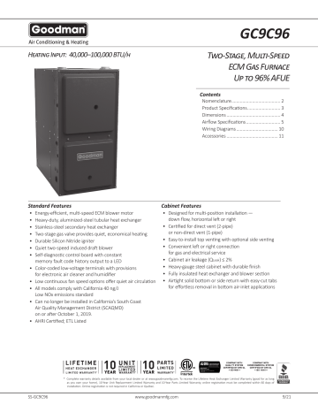 Goodman GC9C96 Gas Furnace Spec Sheet | Manualzz