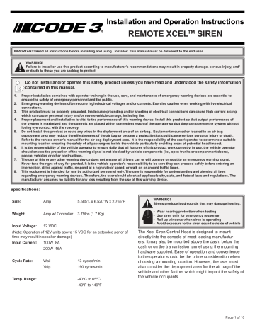 CODE 3 XCEL Remote Siren Installation Instructions | Manualzz