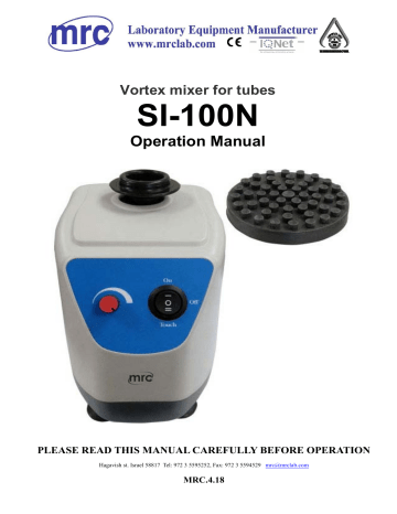 MRC SI-100N Vortex mixer for tubes Instruction manual | Manualzz