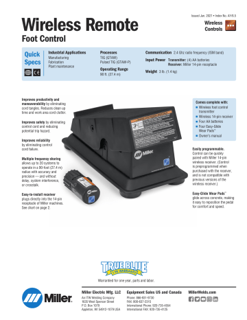 Miller Wireless Remote Foot Control Spec Sheet | Manualzz