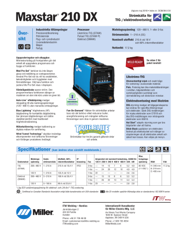 Miller Maxstar® 210 DX Specifikation | Manualzz