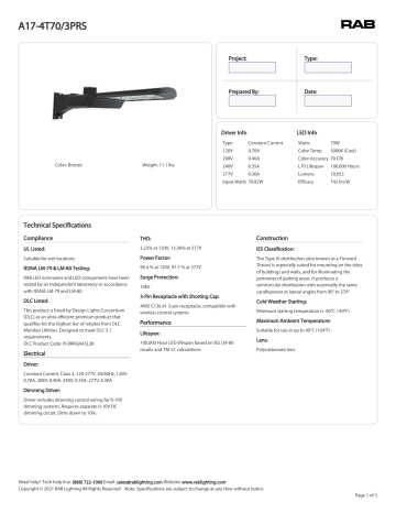 RAB Lighting A17-4T70/3PRS Area Light Spec Sheet | Manualzz