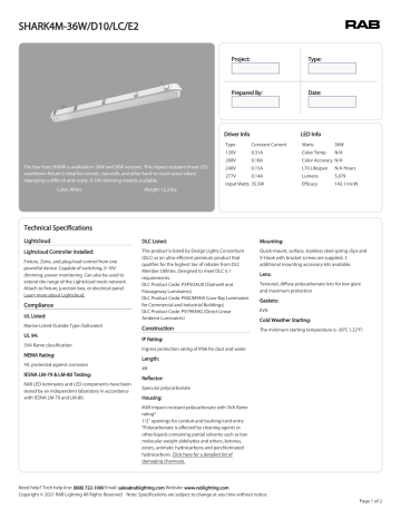 RAB Lighting SHARK4M-36W/D10/LC/E2 Washdown Spec Sheet | Manualzz