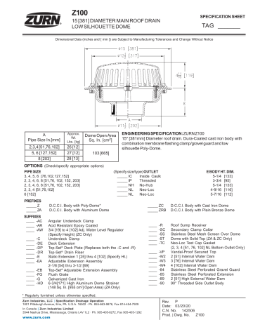 Zurn Z100-8NH-C-R 8 in. No-Hub Roof Drain Specification | Manualzz