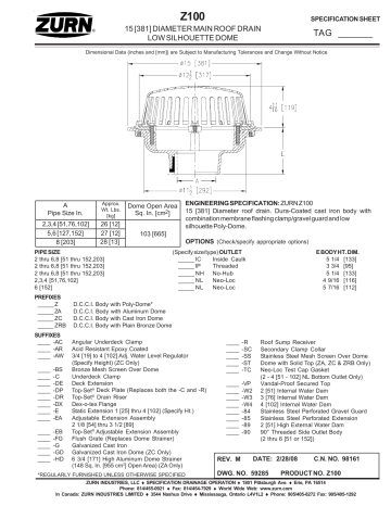 Zurn ZC100-4NH-C-EA 4 in. Cast Iron Roof Drain Specification | Manualzz