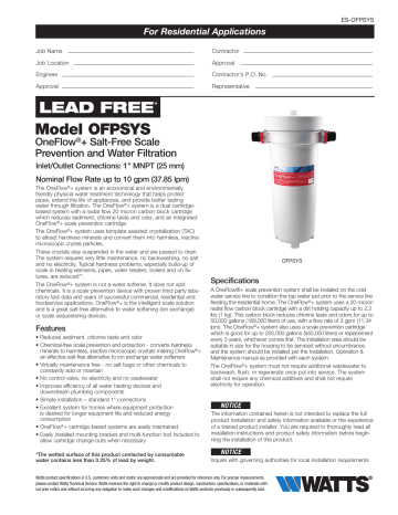 Watts OFPSYS OneFlow + Scale Prevention and Water Filtration System Instructions | Manualzz