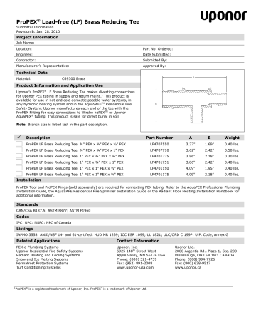 Uponor LF4707710 ProPEX® 1 x 1 x 3/4 in. Brass Reducing PEX Tee ...