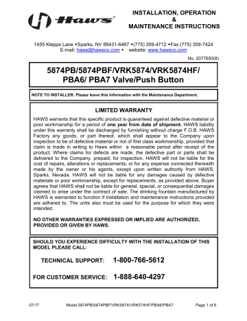 Haws 5874PBF Push Button Flange Assembly User guide | Manualzz