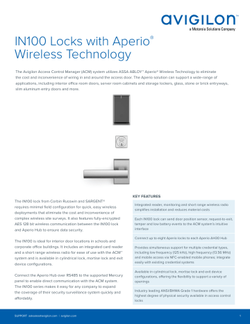 Avigilon Aperio IN100 Wireless Locks Datasheet | Manualzz