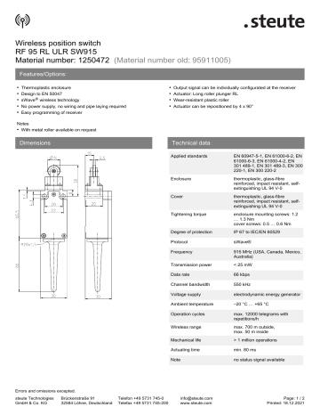 Steute RF 95 RL ULR SW915 Data Sheet | Manualzz