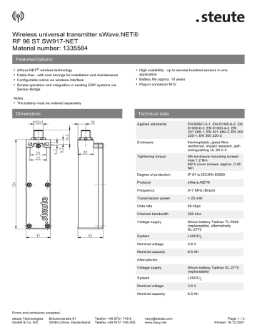 Steute RF 96 ST SW917-NET Data Sheet | Manualzz