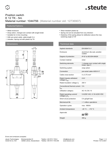 Steute E 12 TK - 5m Data Sheet | Manualzz