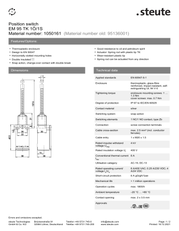 Steute EM 95 TK 1Ö/1S Data Sheet | Manualzz