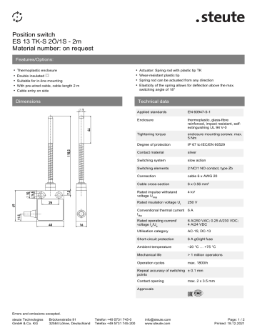 Steute ES 13 TK-S 2Ö/1S - 2m Data Sheet | Manualzz