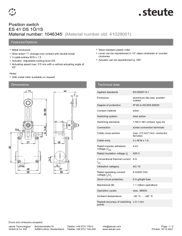 Steute ES 41 DS 1Ö/1S Data Sheet | Manualzz