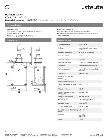 Steute ES 41 TFL 1Ö/1S Data Sheet | Manualzz