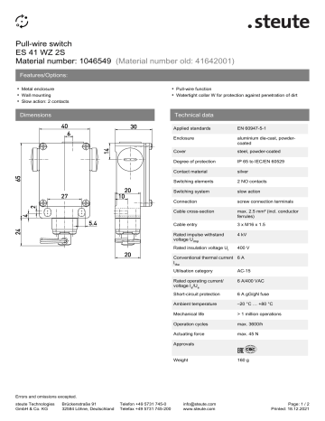 Steute ES 41 WZ 2S Data Sheet | Manualzz