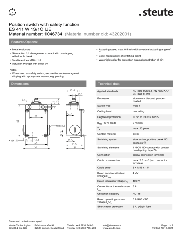 Steute ES 411 W 1S/1Ö UE Data Sheet | Manualzz