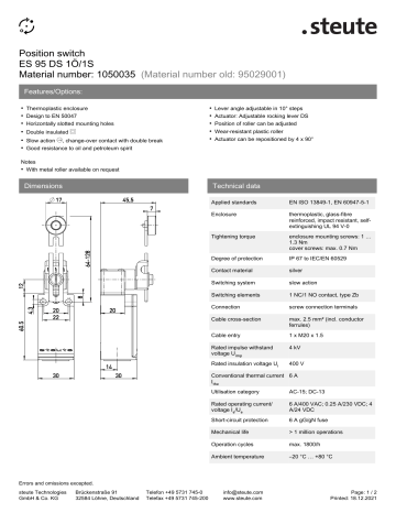 Steute ES 95 DS 1Ö/1S Data Sheet | Manualzz