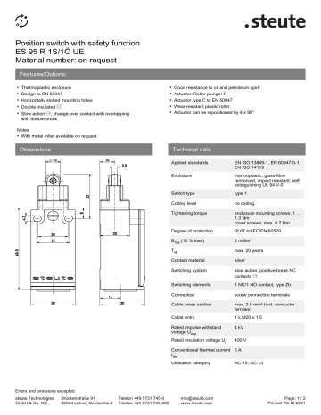 Steute ES 95 R 1S/1Ö UE Data Sheet | Manualzz