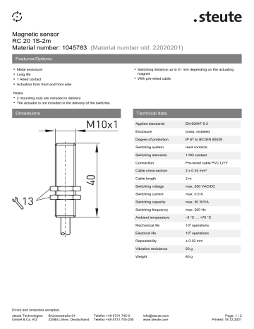 Steute RC 20 1S-2m Data Sheet | Manualzz