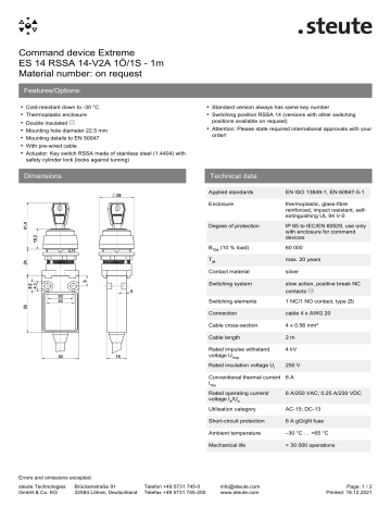 Steute ES 14 RSSA 14-V2A 1Ö/1S - 1m Data Sheet | Manualzz