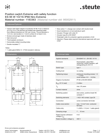 Steute ES 95 W 1Ö/1S IP66 Niro Extreme Data Sheet | Manualzz