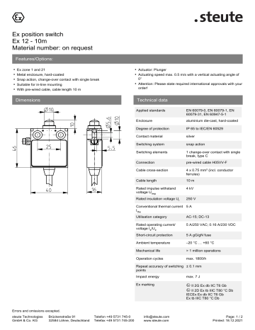 Steute Ex 12 - 10m Data Sheet | Manualzz
