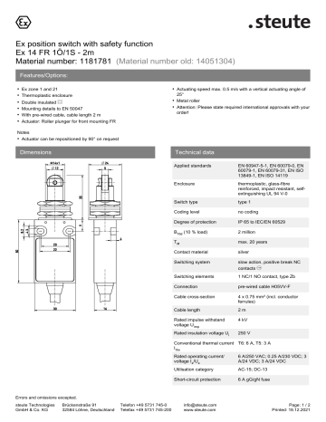 Steute Ex 14 FR 1Ö/1S - 2m Data Sheet | Manualzz