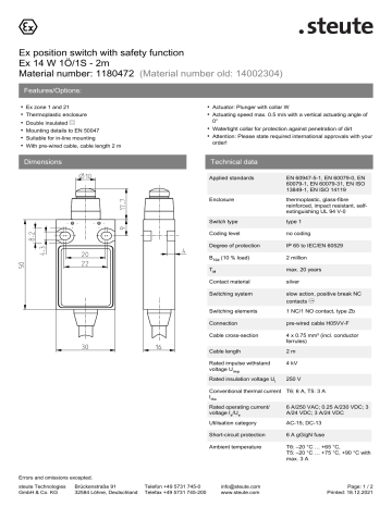 Steute Ex 14 W 1Ö/1S - 2m Data Sheet | Manualzz