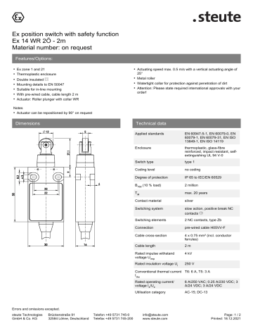 Steute Ex 14 WR 2Ö - 2m Data Sheet | Manualzz