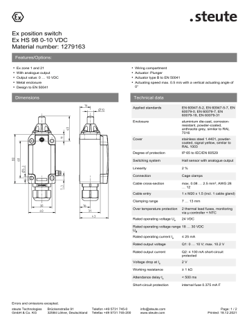 Steute Ex HS 98 0-10 VDC Data Sheet | Manualzz
