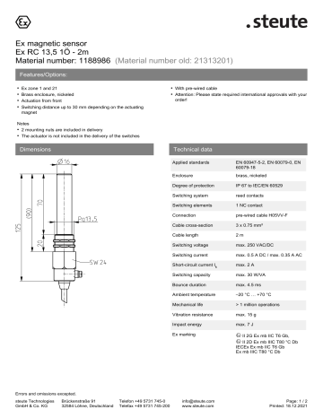 Steute Ex RC 13,5 1Ö - 2m Data Sheet | Manualzz