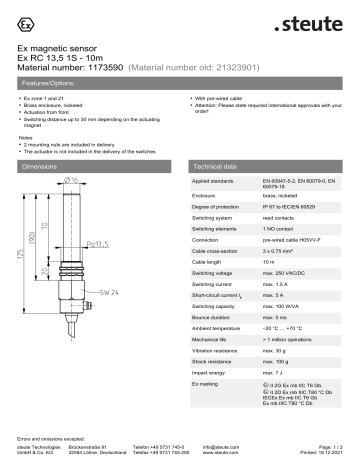 Steute Ex RC 13,5 1S - 10m Data Sheet | Manualzz