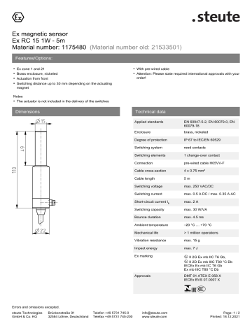 Steute Ex RC 15 1W - 5m Data Sheet | Manualzz