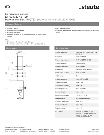 Steute Ex RC M20 1S - 2m Data Sheet | Manualzz