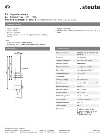 Steute Ex RC M20 1W - 2m - Niro Data Sheet | Manualzz