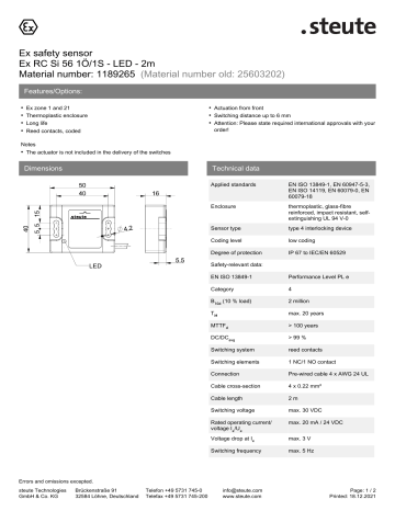 Steute Ex RC Si 56 1Ö/1S - LED - 2m Data Sheet | Manualzz