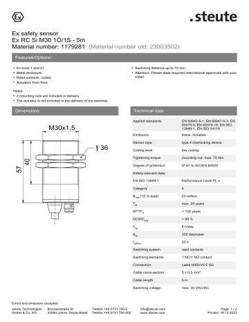 Steute Ex RC Si M30 1Ö/1S - 5m Data Sheet | Manualzz