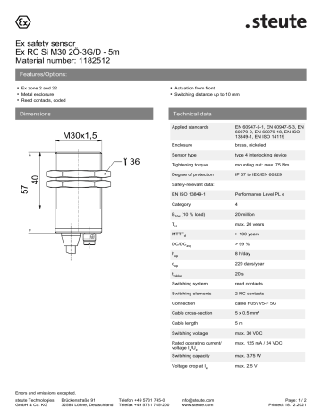 Steute Ex RC Si M30 2Ö-3G/D - 5m Data Sheet | Manualzz
