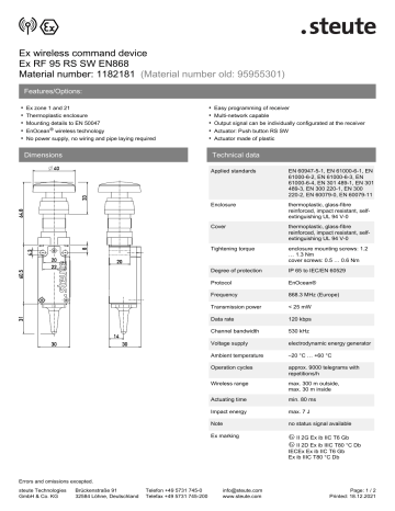 Steute Ex RF 95 RS SW EN868 Data Sheet | Manualzz