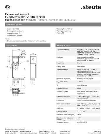 Steute Ex STM 295 1Ö1S/1Ö1S-R-3G/D Data Sheet | Manualzz