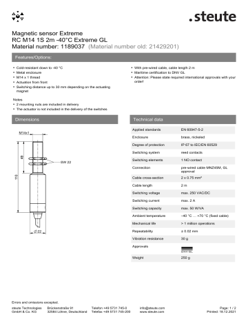 Steute RC M14 1S 2m -40°C Extreme GL Data Sheet | Manualzz