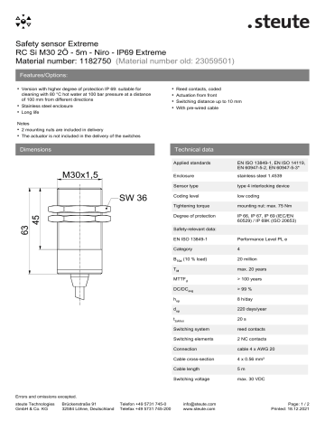 Steute RC Si M30 2Ö - 5m - Niro - IP69 Extreme Data Sheet | Manualzz