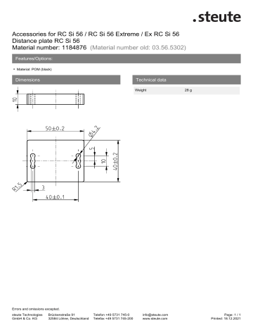 Steute Distance plate RC Si 56 Data Sheet | Manualzz