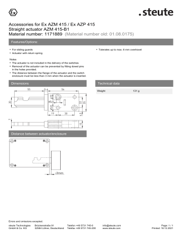 Steute Straight actuator AZM 415-B1 Data Sheet | Manualzz