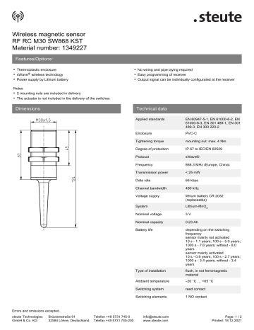 Steute RF RC M30 SW868 KST Data Sheet | Manualzz