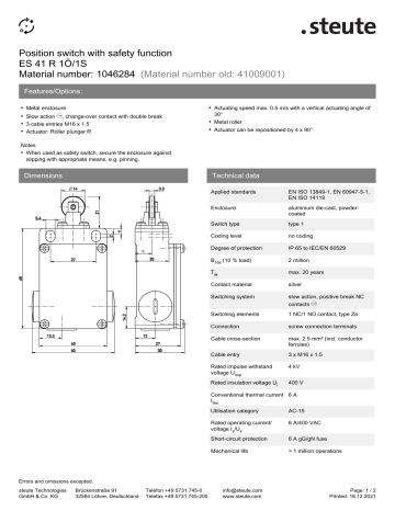 Steute ES 41 R 1Ö/1S Data Sheet | Manualzz