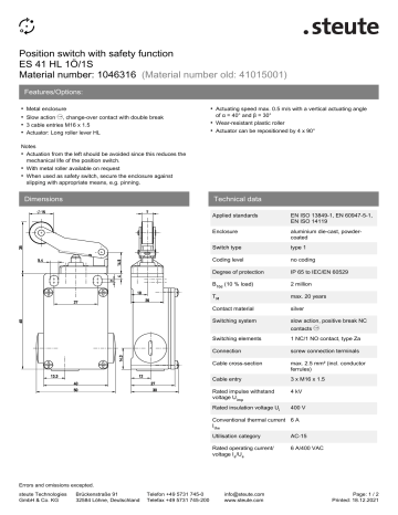 Steute ES 41 HL 1Ö/1S Data Sheet | Manualzz